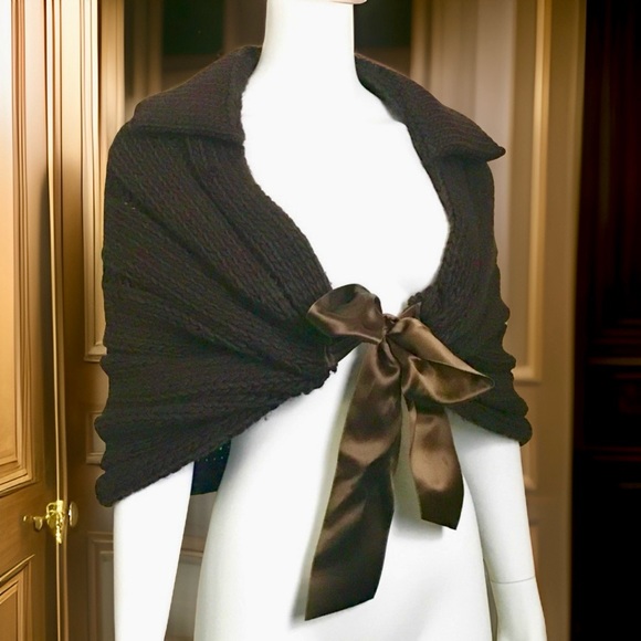 Furla | Sweaters | Furla Mocha Brown Chunky Wool Knit Collared Wrap Shrug Satin Ribbon Tie Front ...
